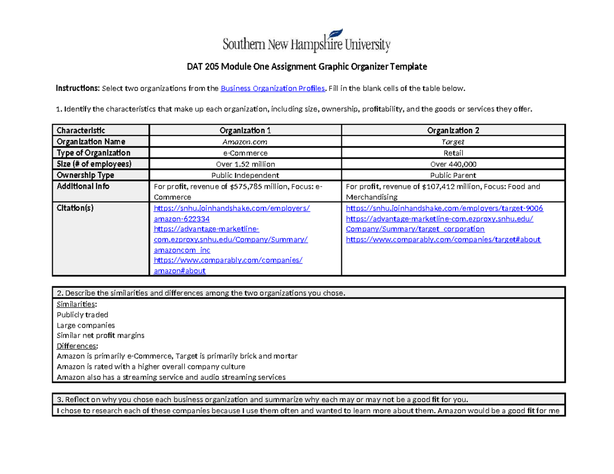 DAT 205 Module One Assignment Graphic Organizer - Fill in the blank cells of the table below ...