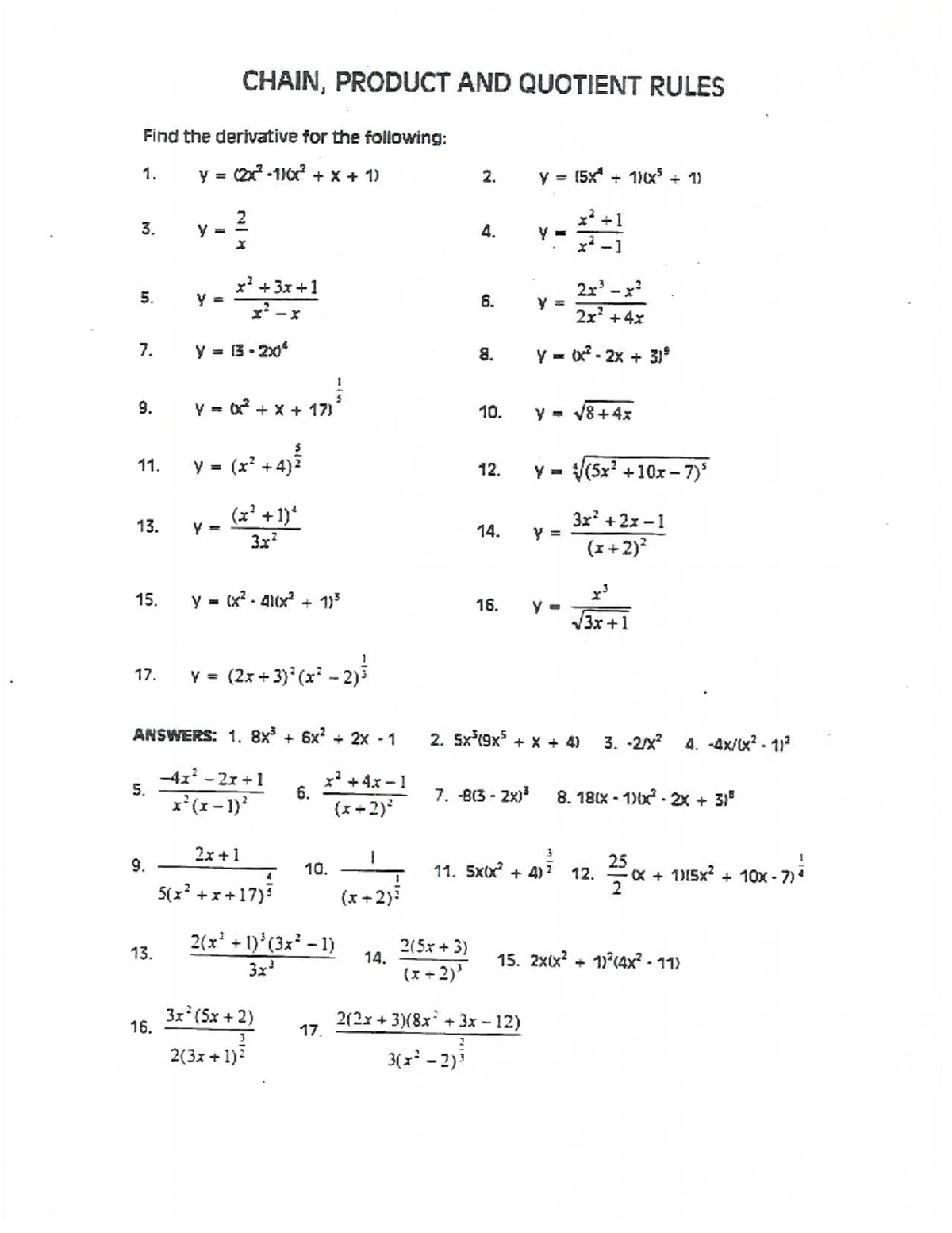 CHAIN, PRODUCT & QUOTIENT RULES: Derivatives Practice Problems - Studocu