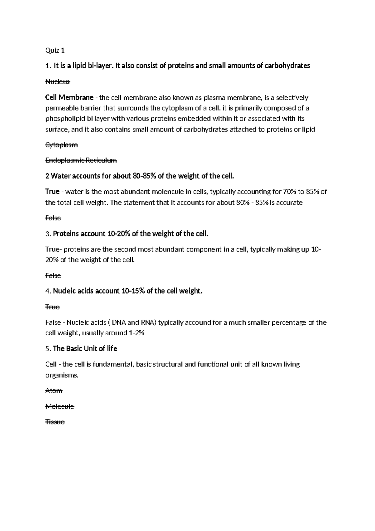 Quiz 1: Cell Structure and Composition Overview - BIO - Studocu