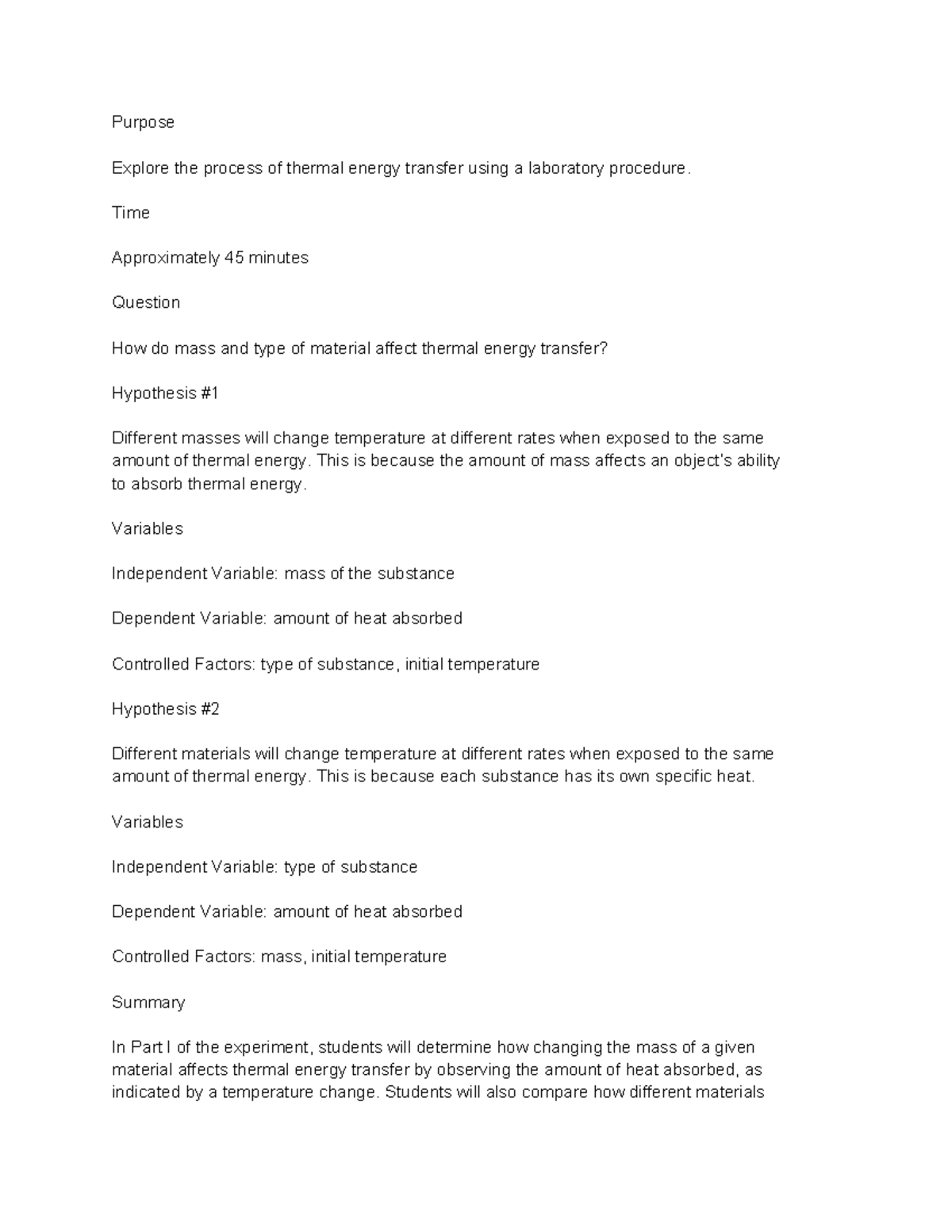 Thermal Energy Transfer Lab: Effects of Mass & Material Types (SCI 101 ...