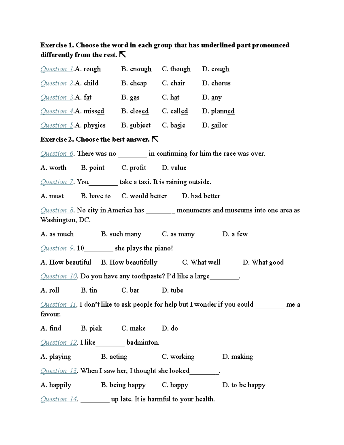 Practice Test 19-12: Pronunciation & Grammar Exercises - Studocu