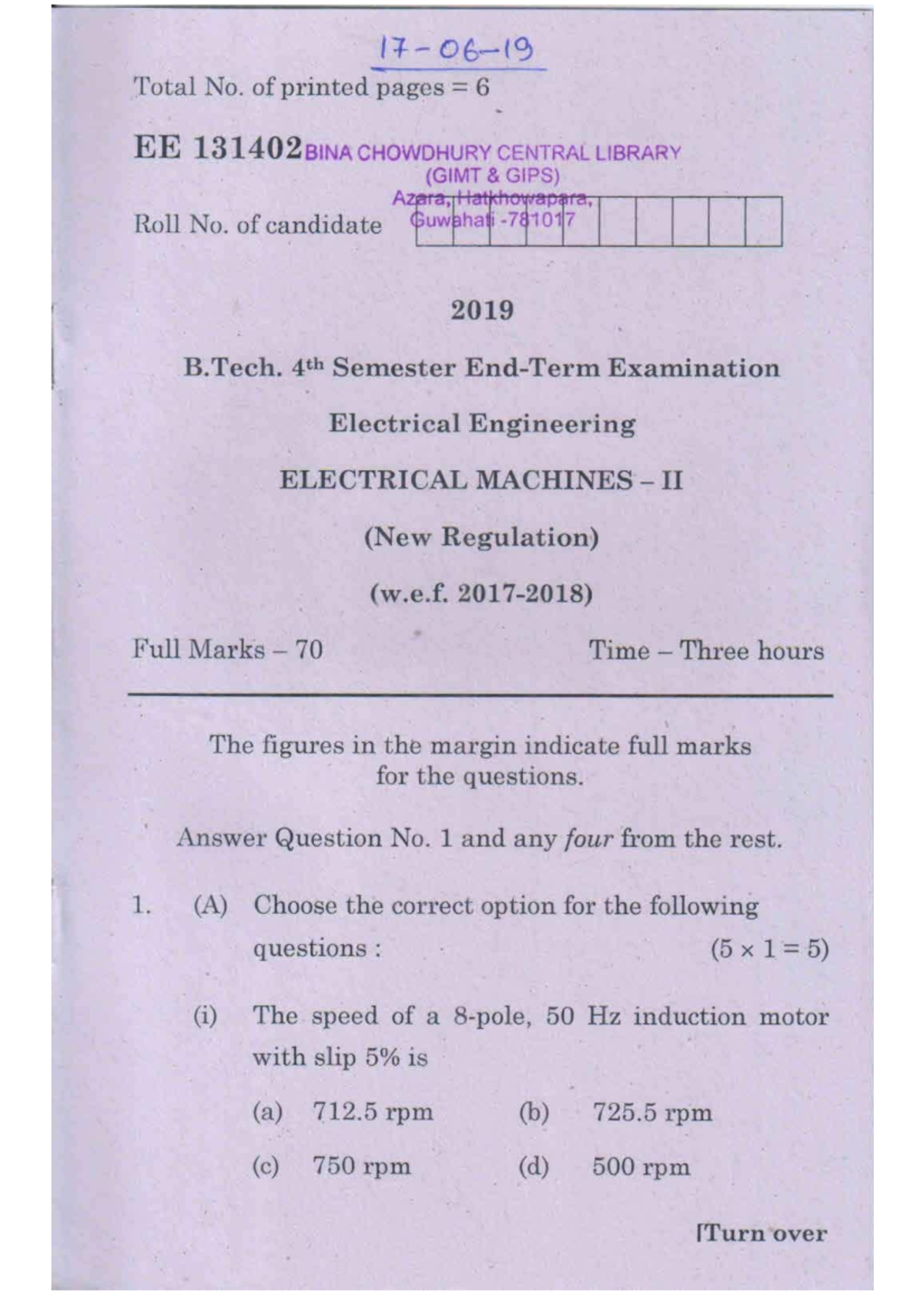 Electrical Machines II (EE 131402) B.Tech 4th Sem Exam Paper 2019 - Studocu