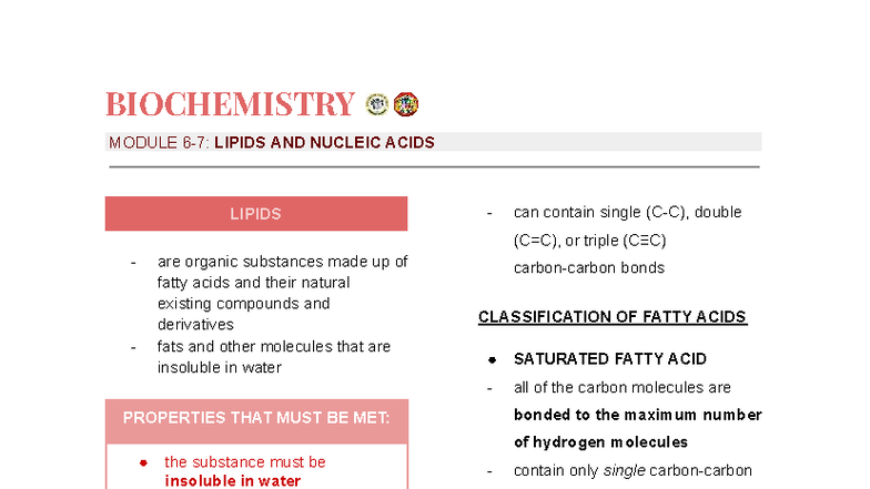 BIOCHEMISTRY MODULE 67: LIPIDS AND NUCLEIC ACIDS OVERVIEW - Studocu
