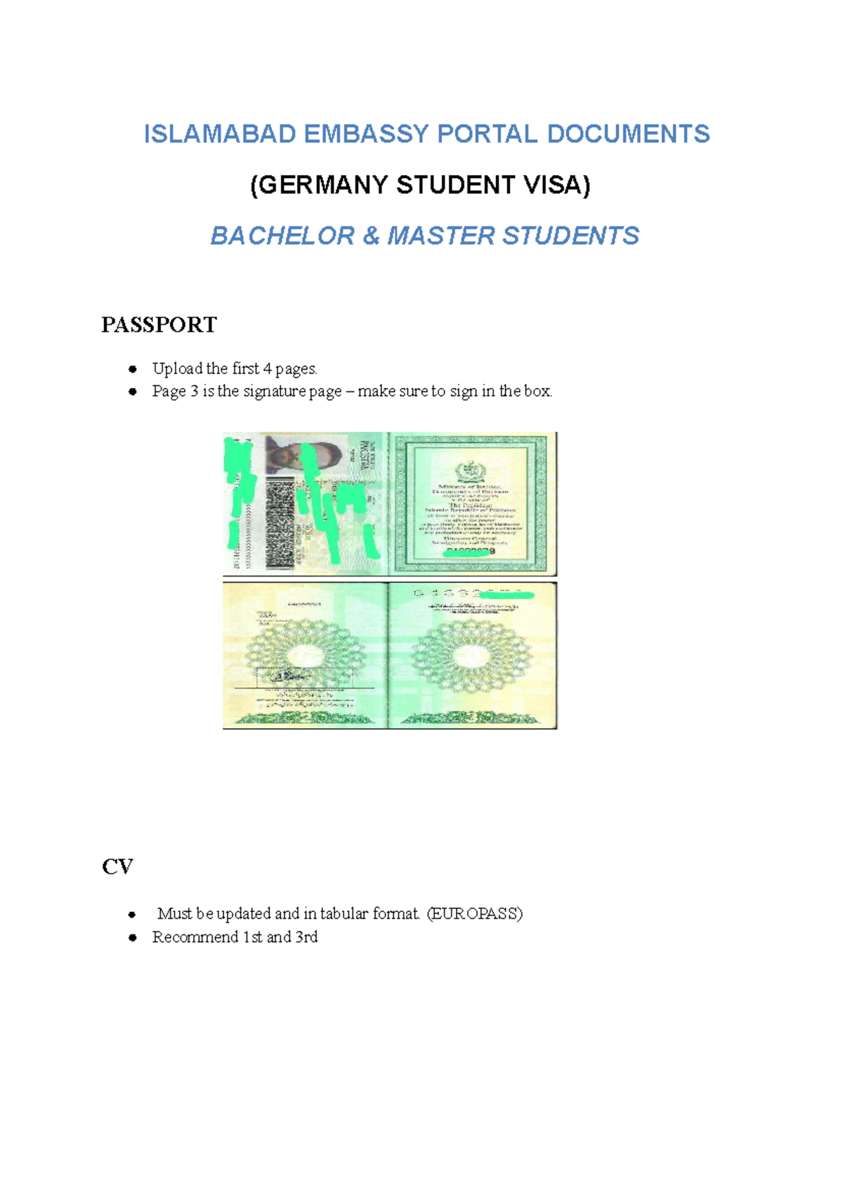 Islamabad Embassy Portal Documents for Germany Student VISA - Studocu
