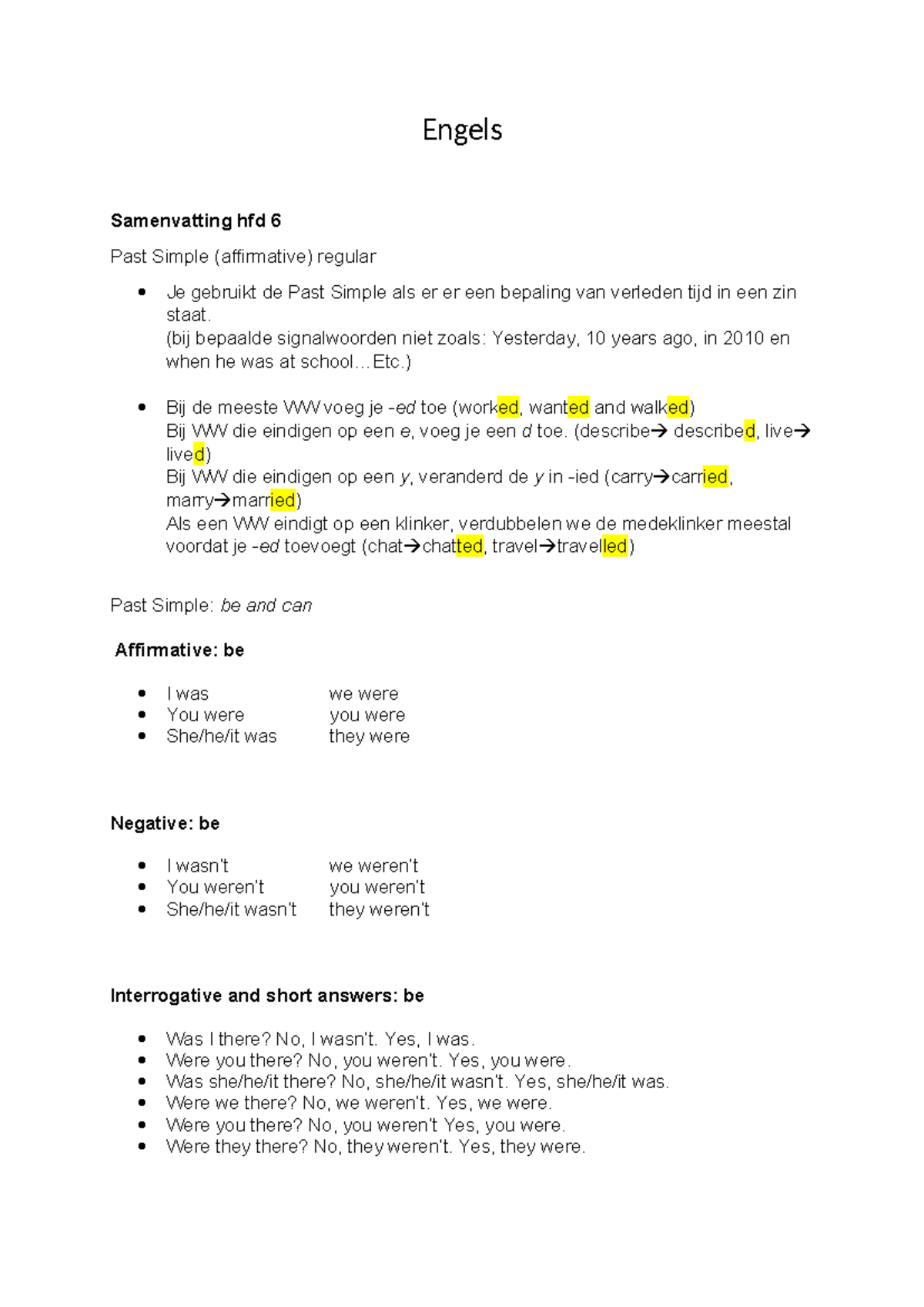 Engels H2 P4 - Samenvatting van de Past Simple Tijden - Studeersnel