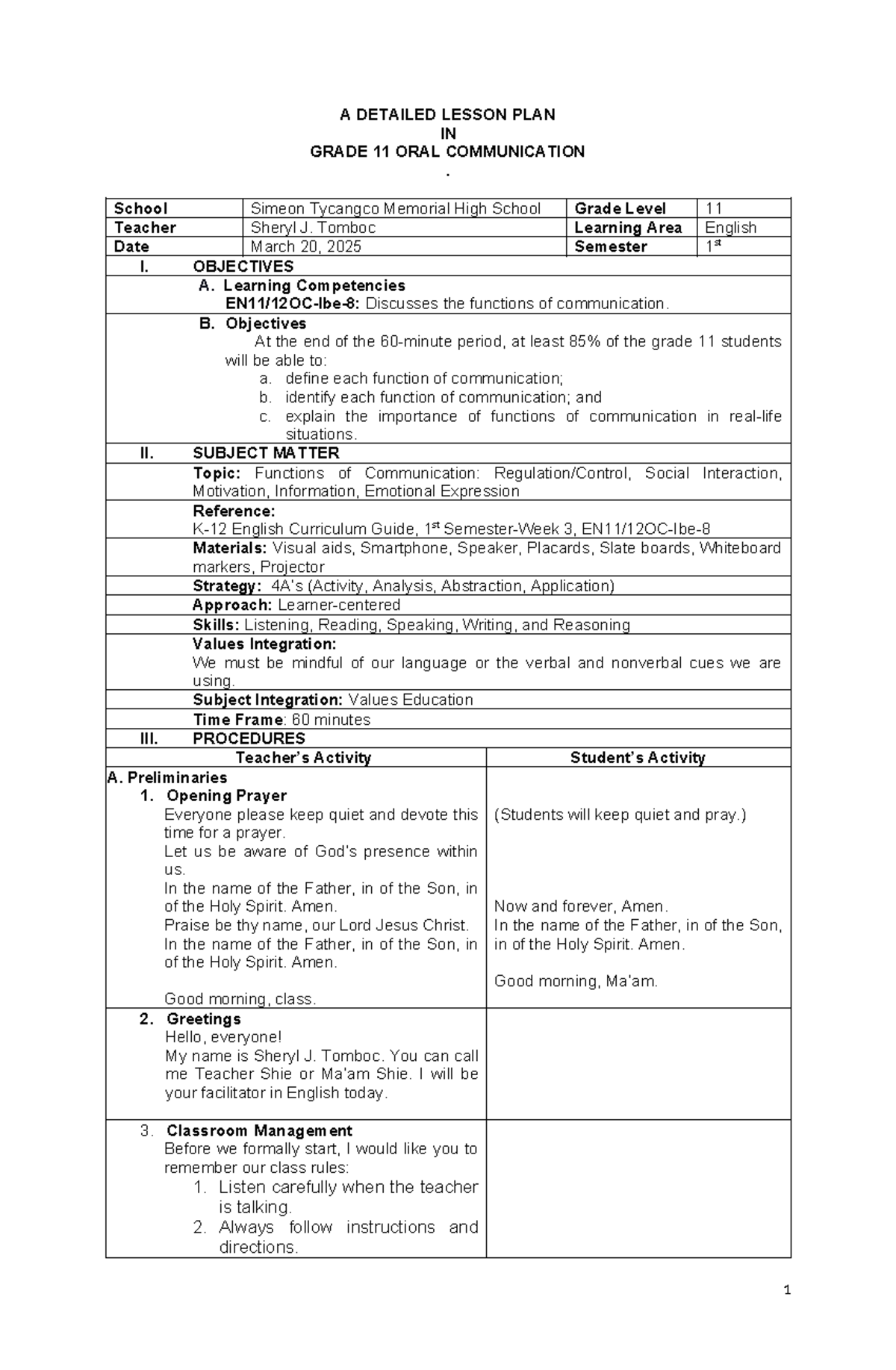 Grade 11 Oral Communication Lesson Plan: Functions of Communication ...