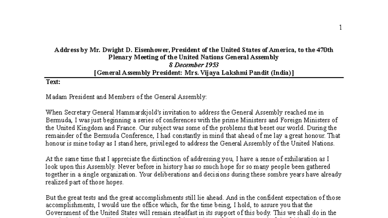 Eisenhower's Address on Atoms for Peace at UN General Assembly 1953 ...