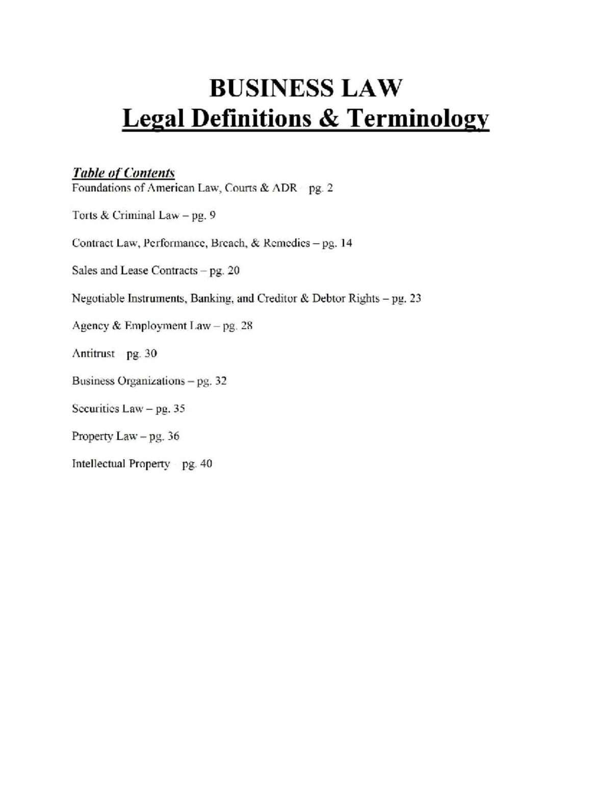 BUSINESS LAW Legal Definitions & Terminology Overview and Key Concepts ...