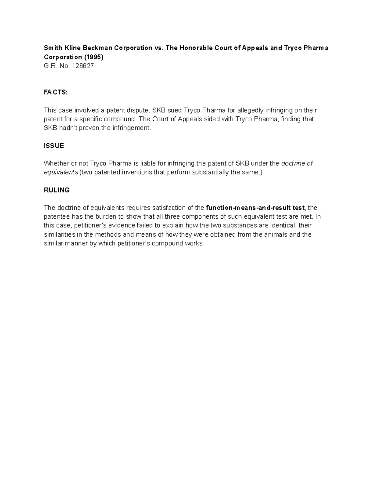 Case Study: Smith Kline Beckman Corp vs Tryco Pharma Corp (G.R. 126627 ...