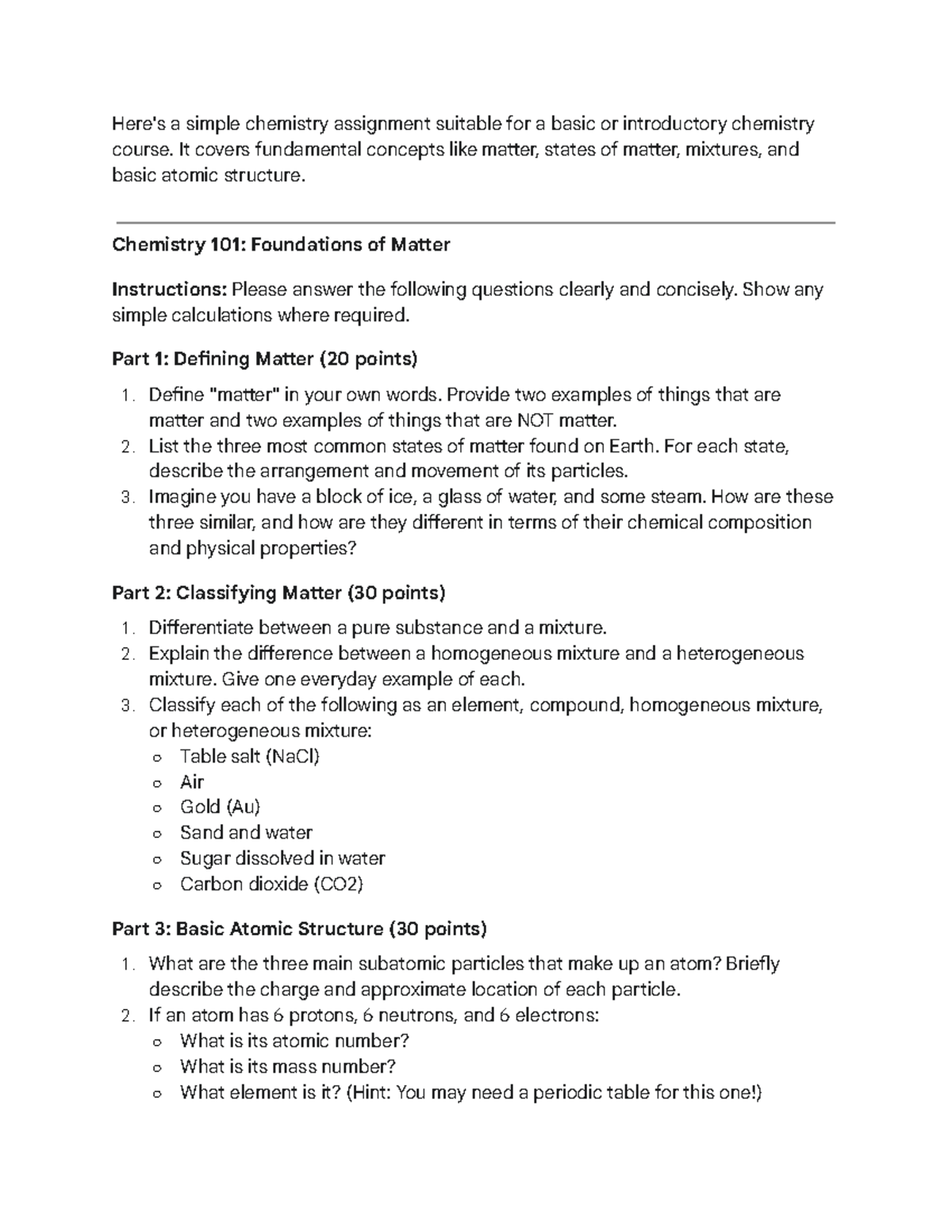 Chemistry 101: Introductory Assignment on Matter & Atomic Structure ...