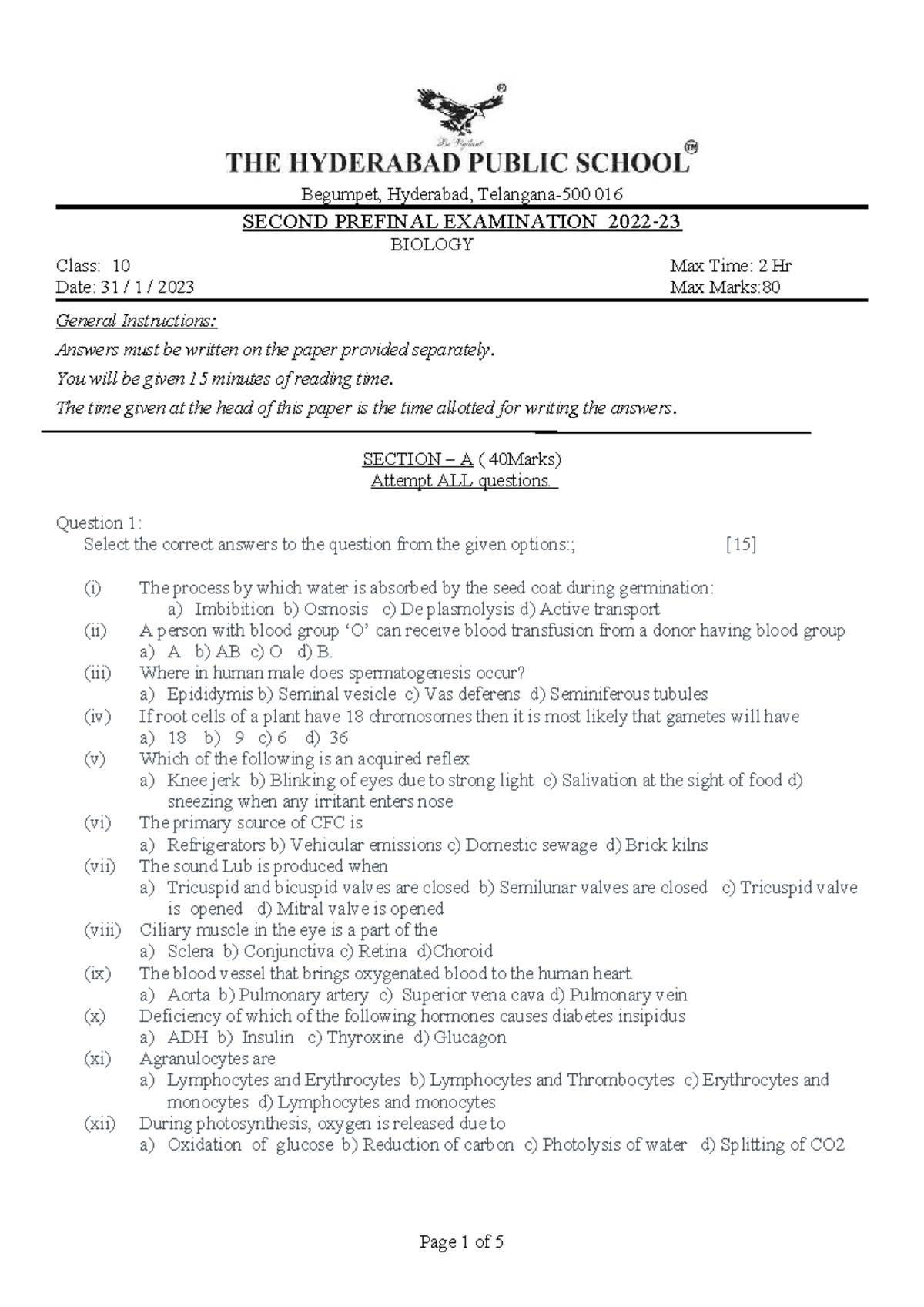 Prefinal Exam Class 10 Biology 2022-23 - Question Paper - Studocu