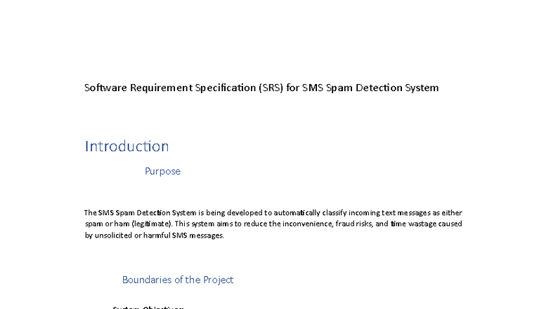 SRS for SMS Spam Detection System (CS101 Final Project) - Studocu