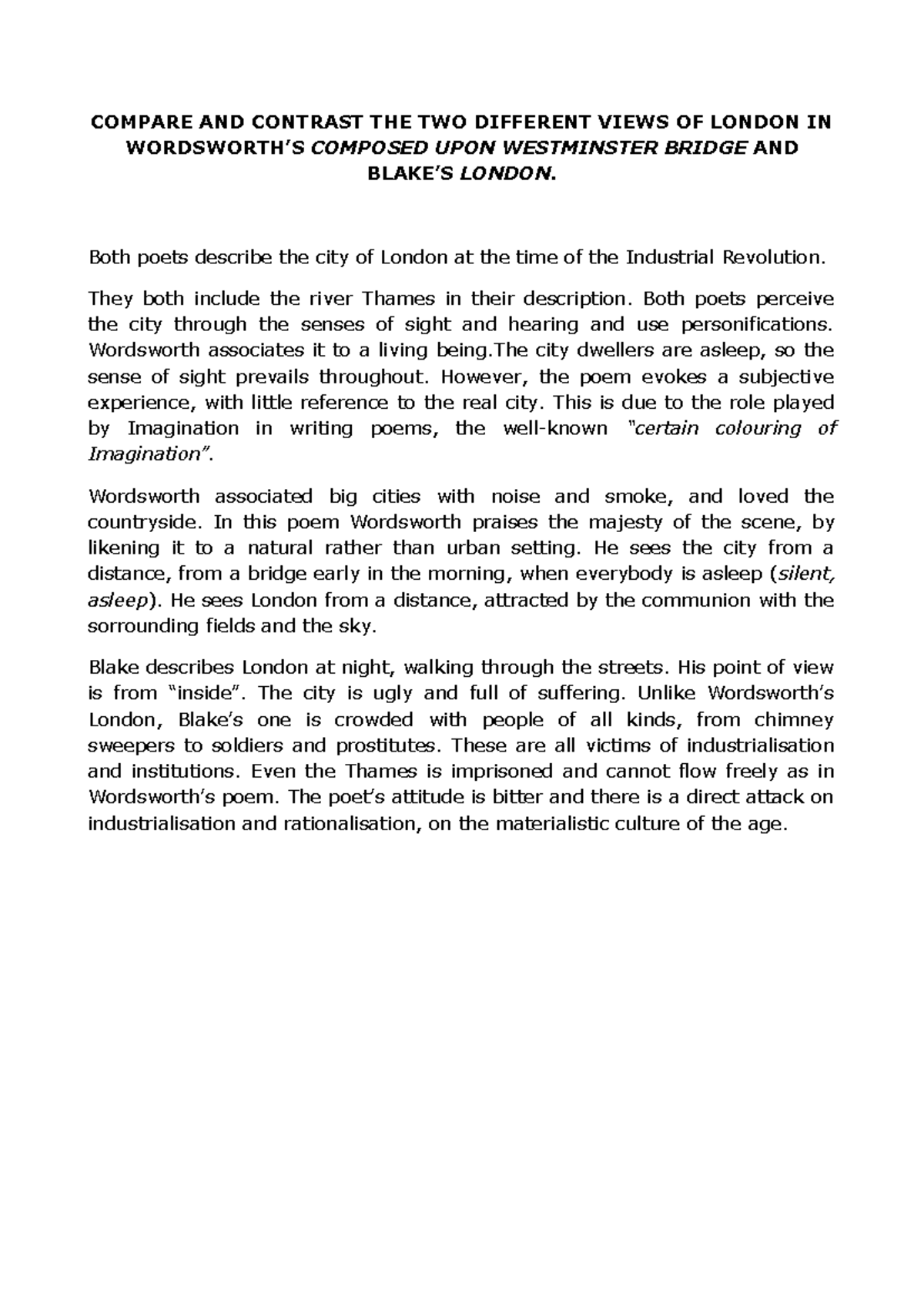 Compare AND Contrast THE TWO Different Views OF London IN Wordsworth ...