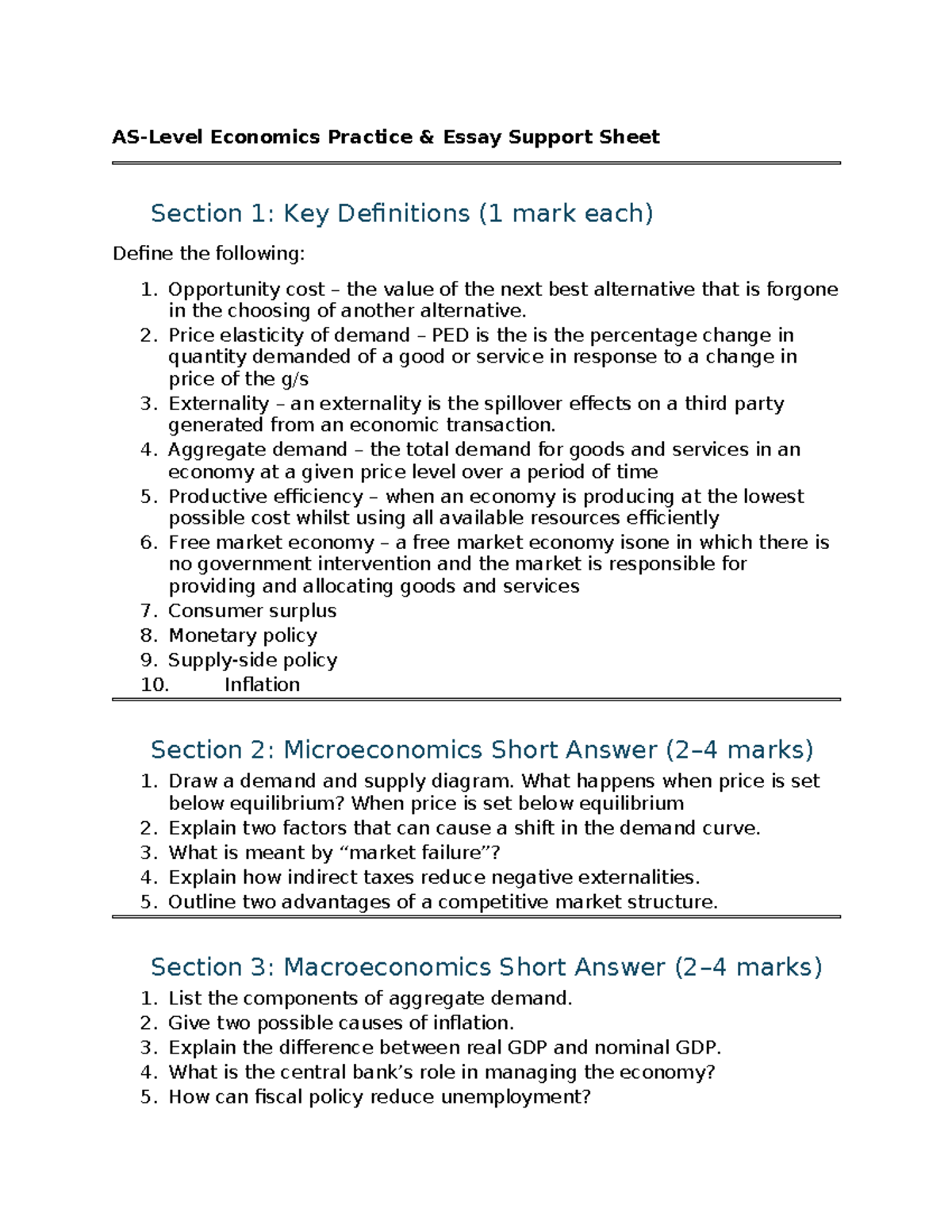 Economics Revision Sheet: Key Concepts & Practice (ECO101) - Studocu
