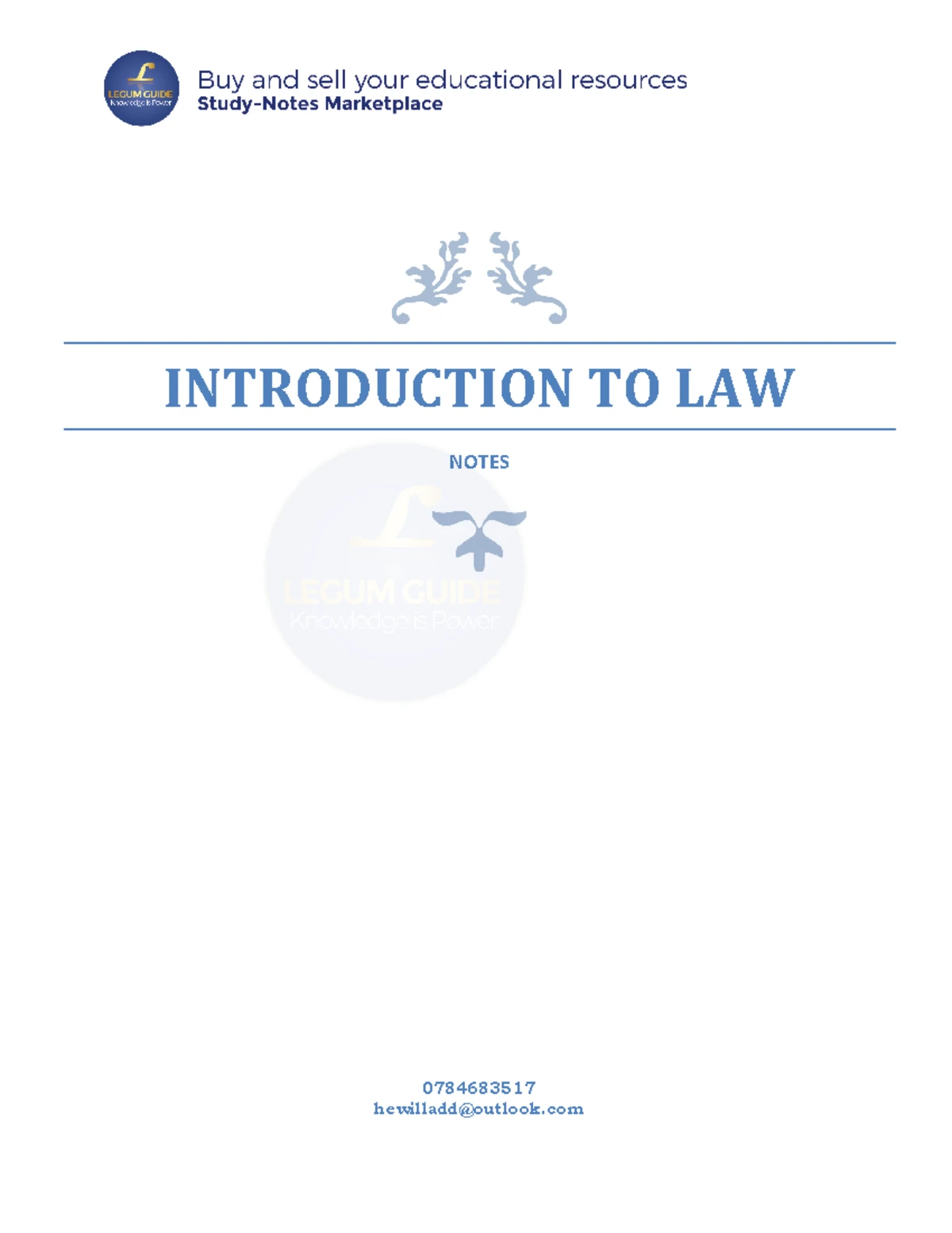 Notes Introduction TO LAW - INTRODUCTION TO LAW NOTES 0784683517 ...