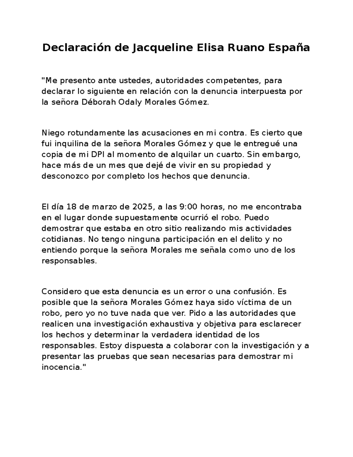 Declaración de Jacqueline Elisa Ruano España Clínica Penal 1 ...