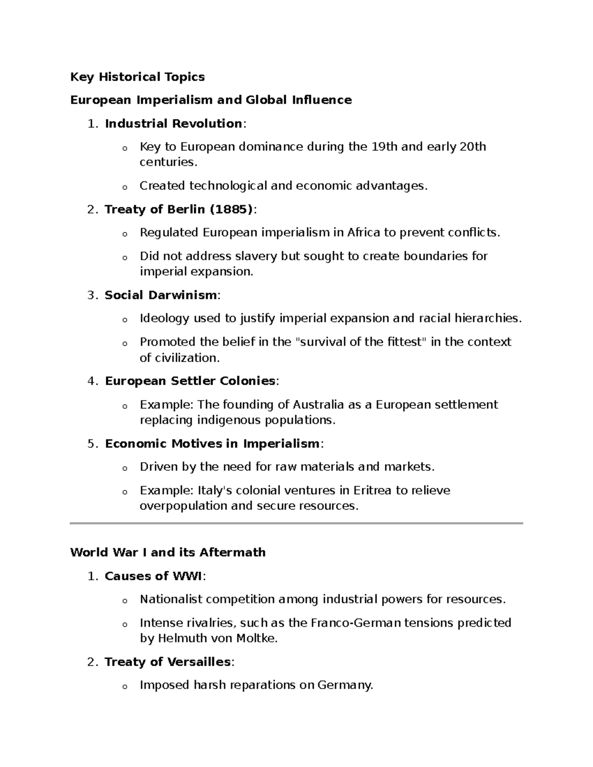 AICE International History Midterm Study Guide: Imperialism & WWI - Studocu