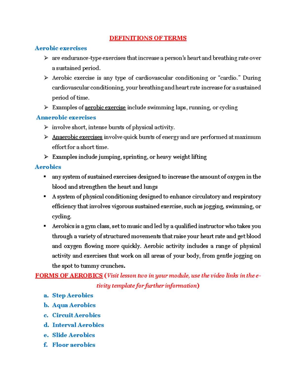 HPE 331 Aerobics Definitions & Circuit Training Notes - NOV 2024 - Studocu