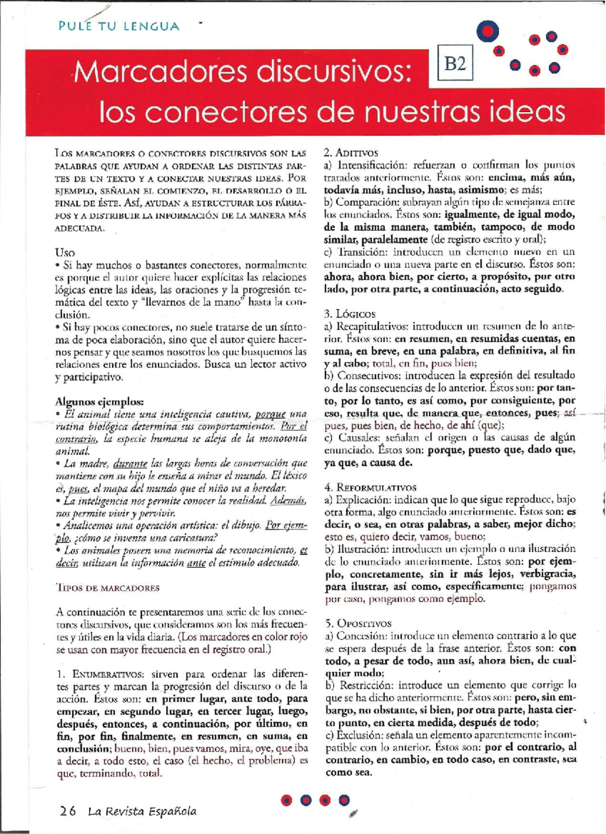 PULE TU LENGUA: Marcadores Discursivos B2 - Conectores en la Escritura - Studocu
