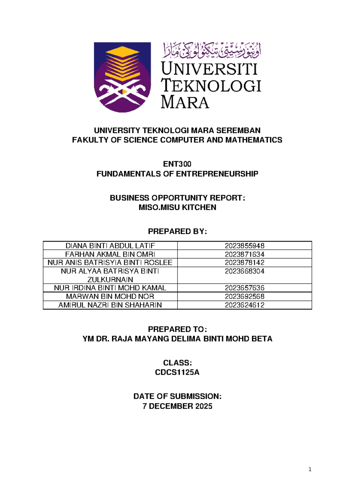 ENT300 Business Opportunity Report: Miso.Misu Kitchen by UiTM Students ...
