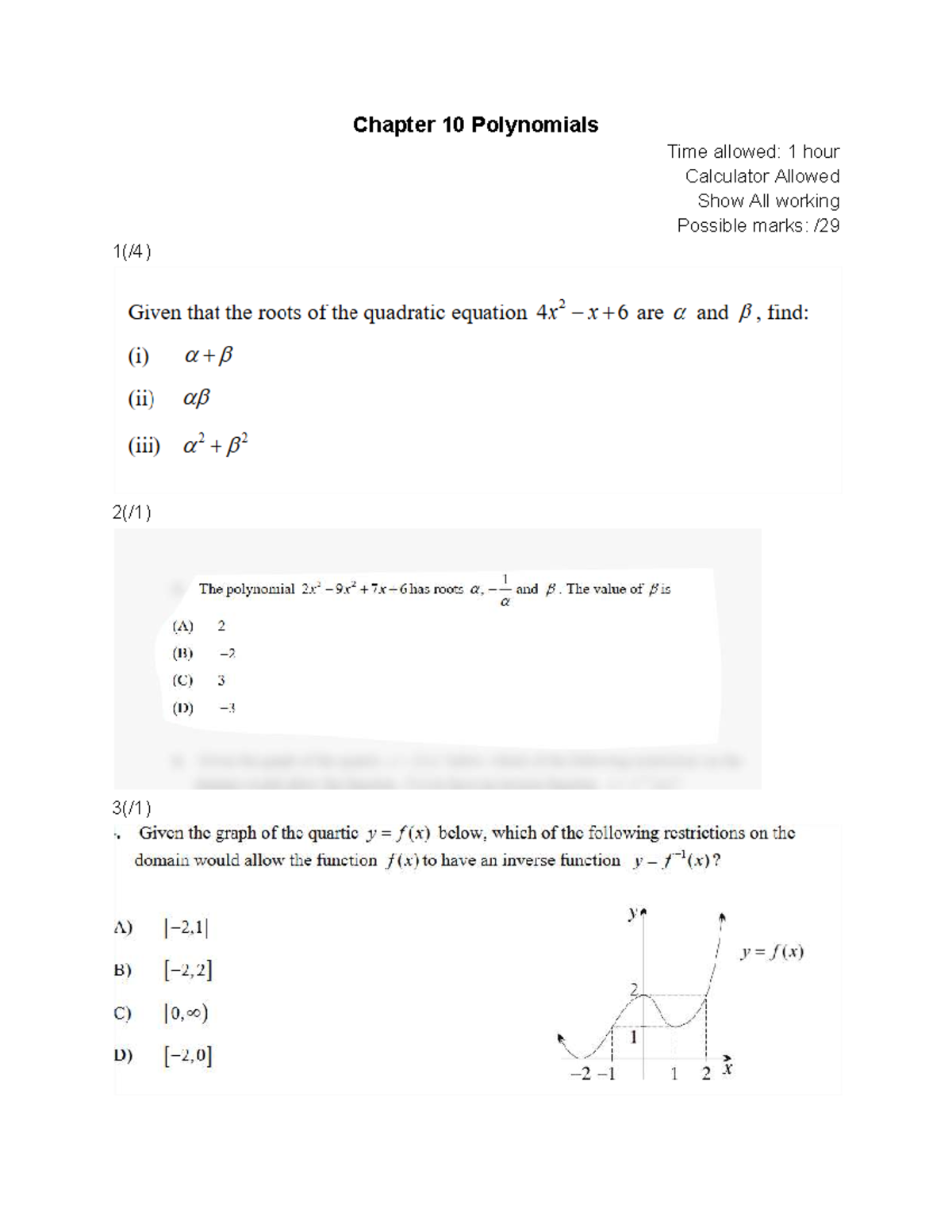 Chapter 10 Polynomials - MATH1021 - Chapter 10 Polynomials Time allowed ...