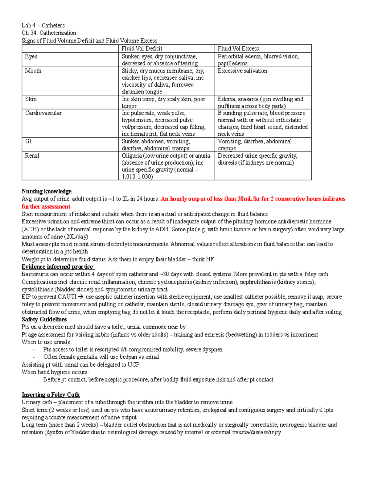 Lab 4 - Catheters: Ch 34 Nursing Skills & Techniques - Studocu