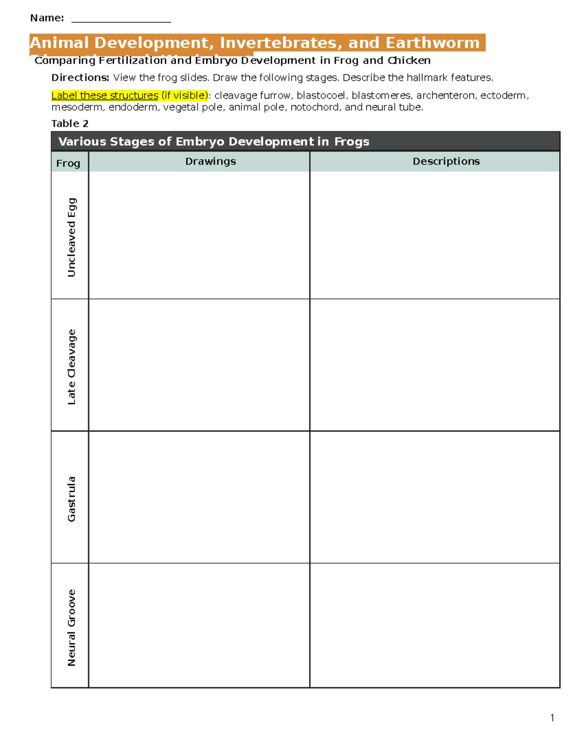 Bio182-07 - worksheet - Comparing Fertilization and Embryo Development ...