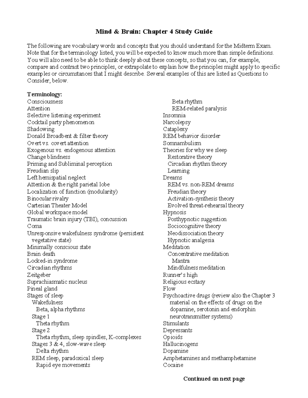 Mind & Brain: Chapter 4 Study Guide for Midterm Exam - Continued on next page Mind & Brain ...