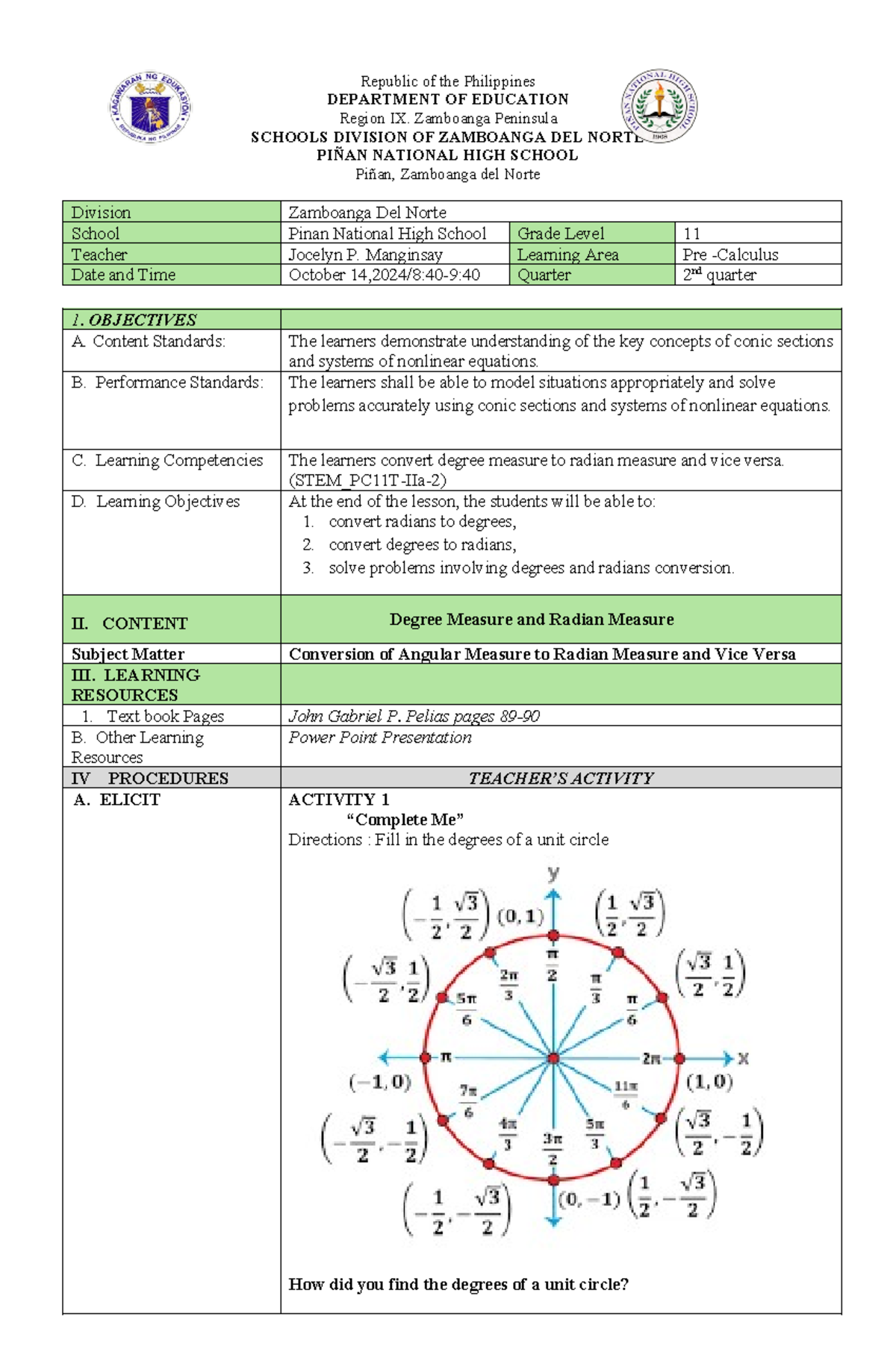 Pre-Cal Lesson 1: Conversion of Degrees and Radians (SPST 1) - Studocu