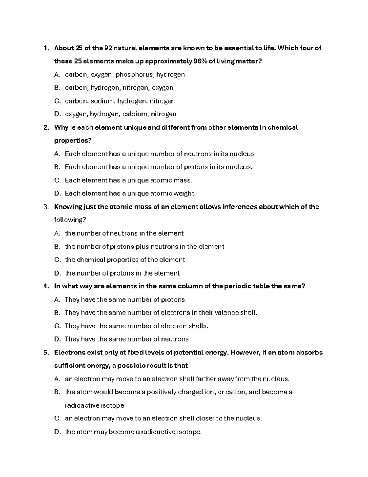 Chapter 2 Practice Questions for Chemistry 101 - Studocu