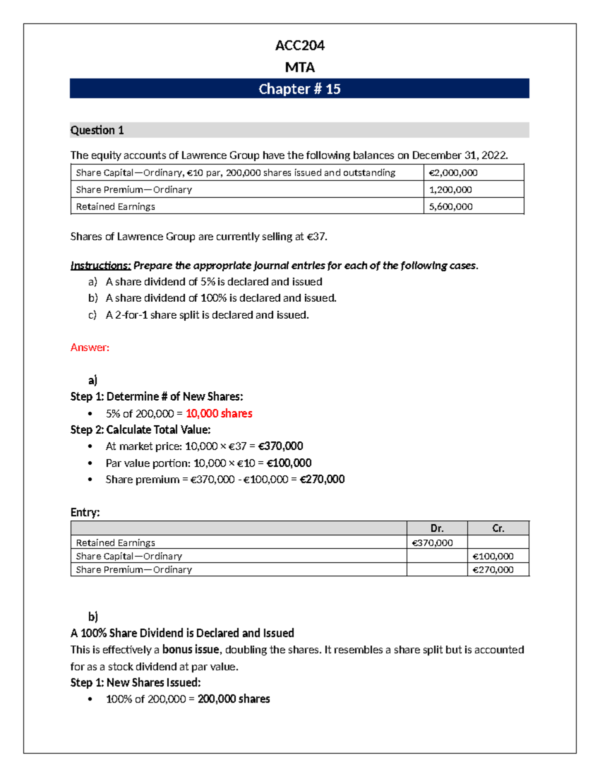 ACC204 MTA Chapter 15 Equity Transactions and Journal Entries - Studocu