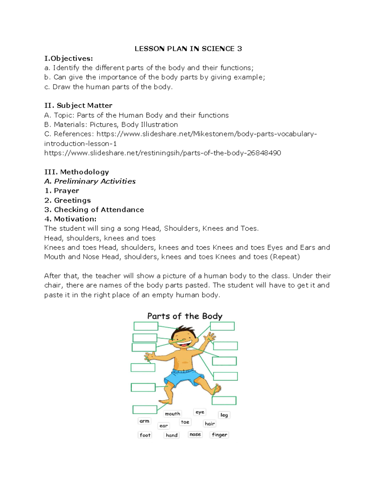 Lesson Plan: Parts of the Human Body & Their Functions (SCI 3) - Studocu