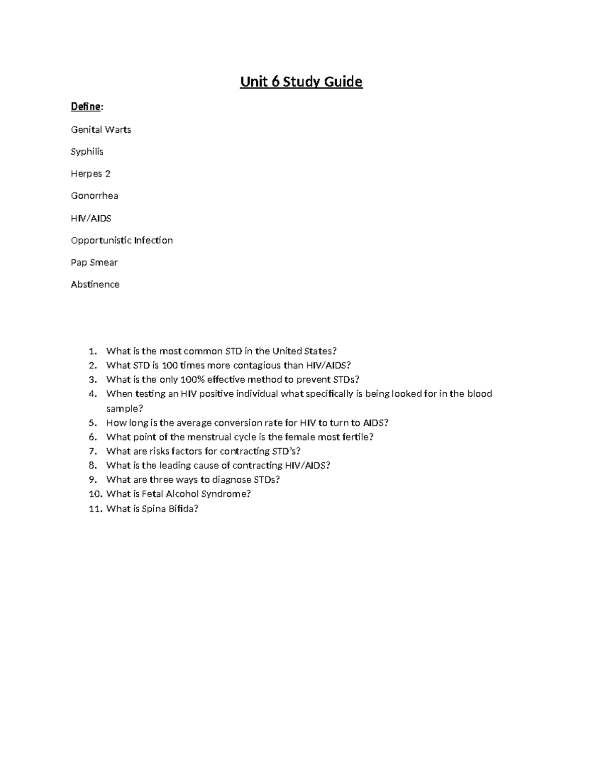 Unit 6 Study Guide: Key Concepts & Answers on STDs and HIV/AIDS - Studocu