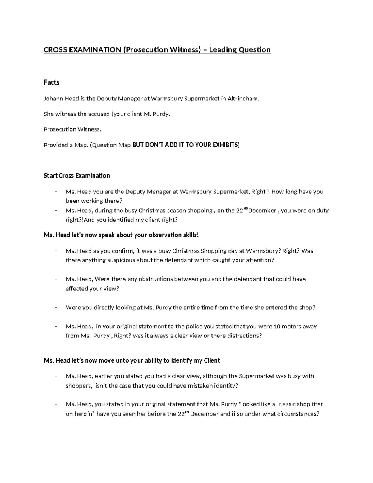 Cross Examination of Ms. Purdy - Prosecution Witness Notes - Studocu