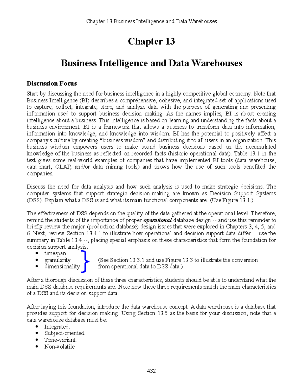 IM Ch13 Data Warehouse Ed12 - Chapter 13 Business Intelligence and Data Warehouses Discussion ...