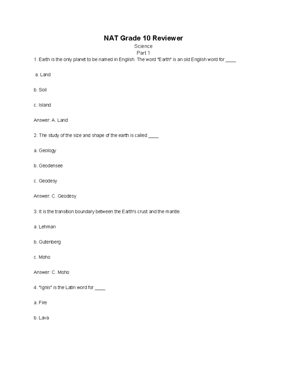 NAT Grade 10 Science Reviewer Part 1: Key Concepts and Questions - Studocu
