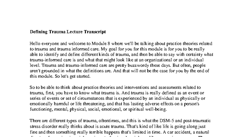 Defining Trauma: Lecture Transcript on Types & Impacts - Studocu