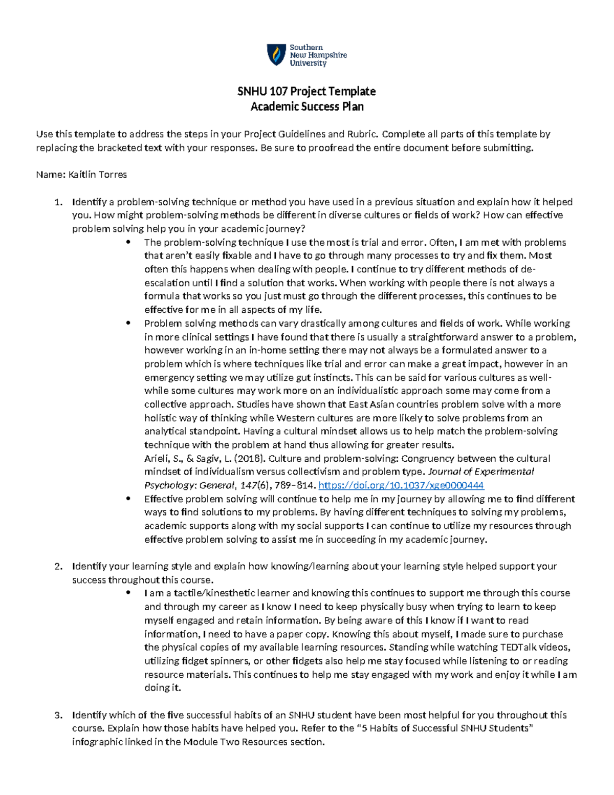 SNHU 107 Final Project: Academic Success Plan Template - Studocu