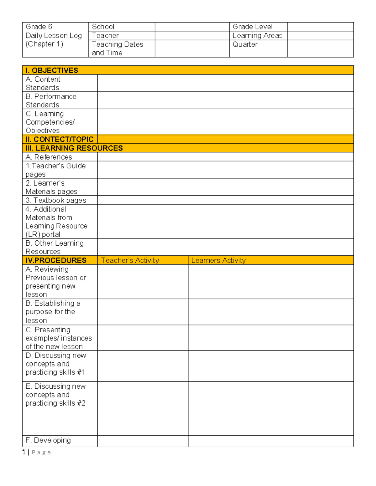 Detailed Lesson PLAN Blank FORM - Grade 6 Daily Lesson Log (Chapter 1 ...