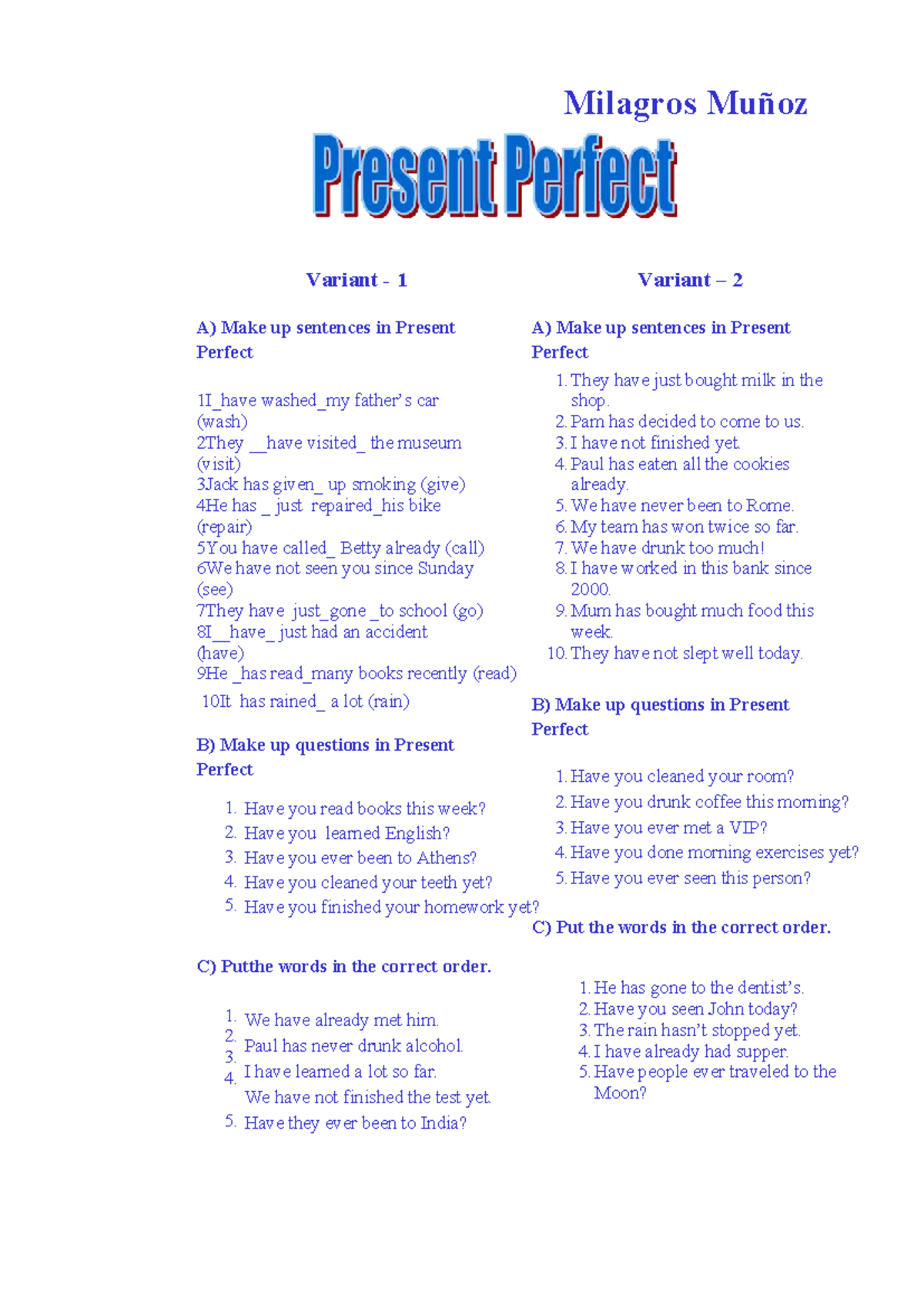 Perfect Tense Exercises - Tareas (Variant 1 & 2) - Studocu