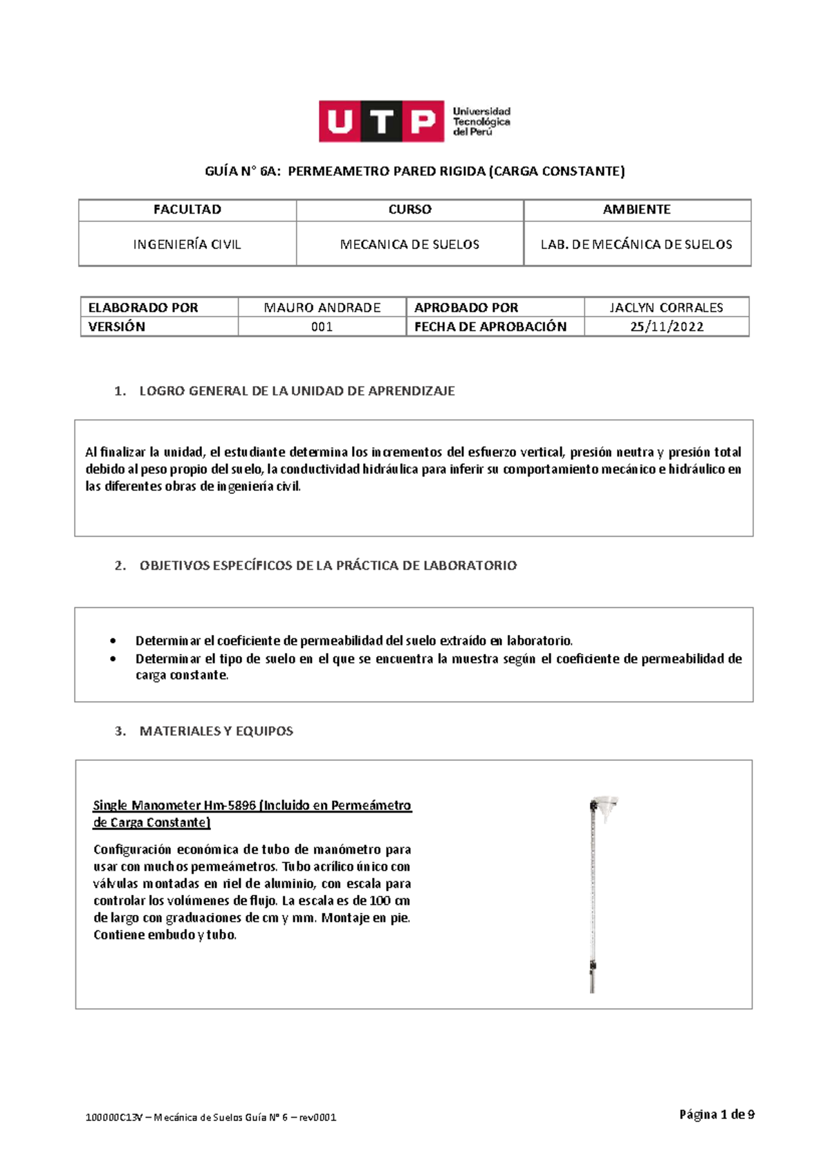 GUÍA 6A: PERMEAMETRO DE CARGA CONSTANTE EN MECÁNICA DE SUELOS - Studocu