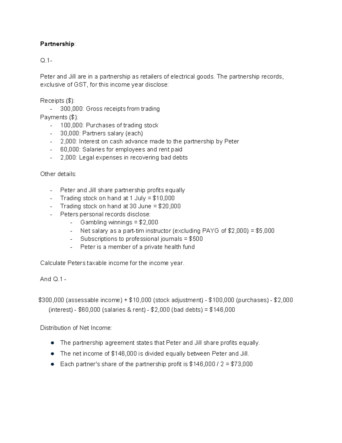 Partnership Tutorial Answers: Taxable Income Calculations for Q.1 & Q.2 ...