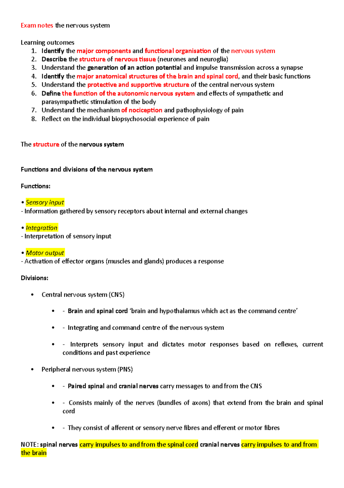 Nervous System Exam Notes: Components, Functions & Action Potentials ...