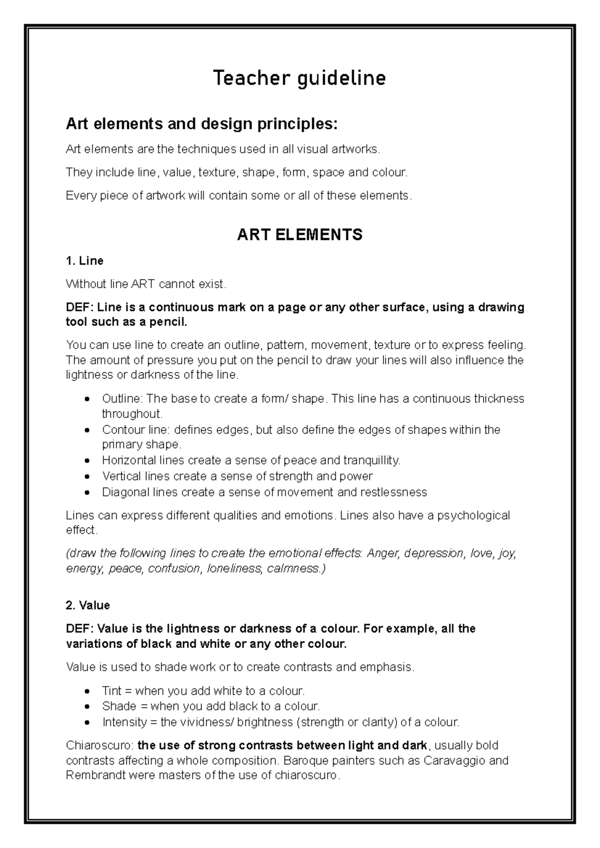 GR 9 Visual Arts: Teacher Guidelines on Art Elements & Design ...