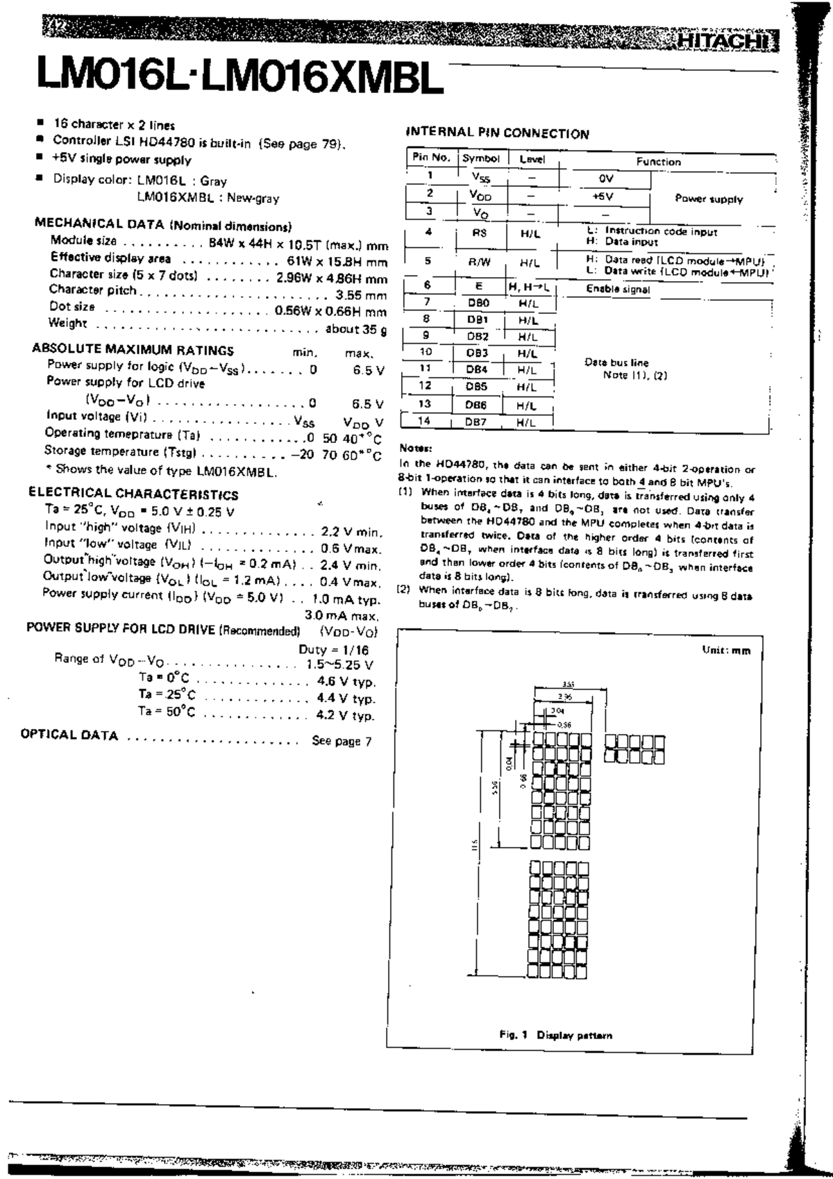 HITACHI HD44780 Internal Pin Connection Details for LM016L Module - Studocu