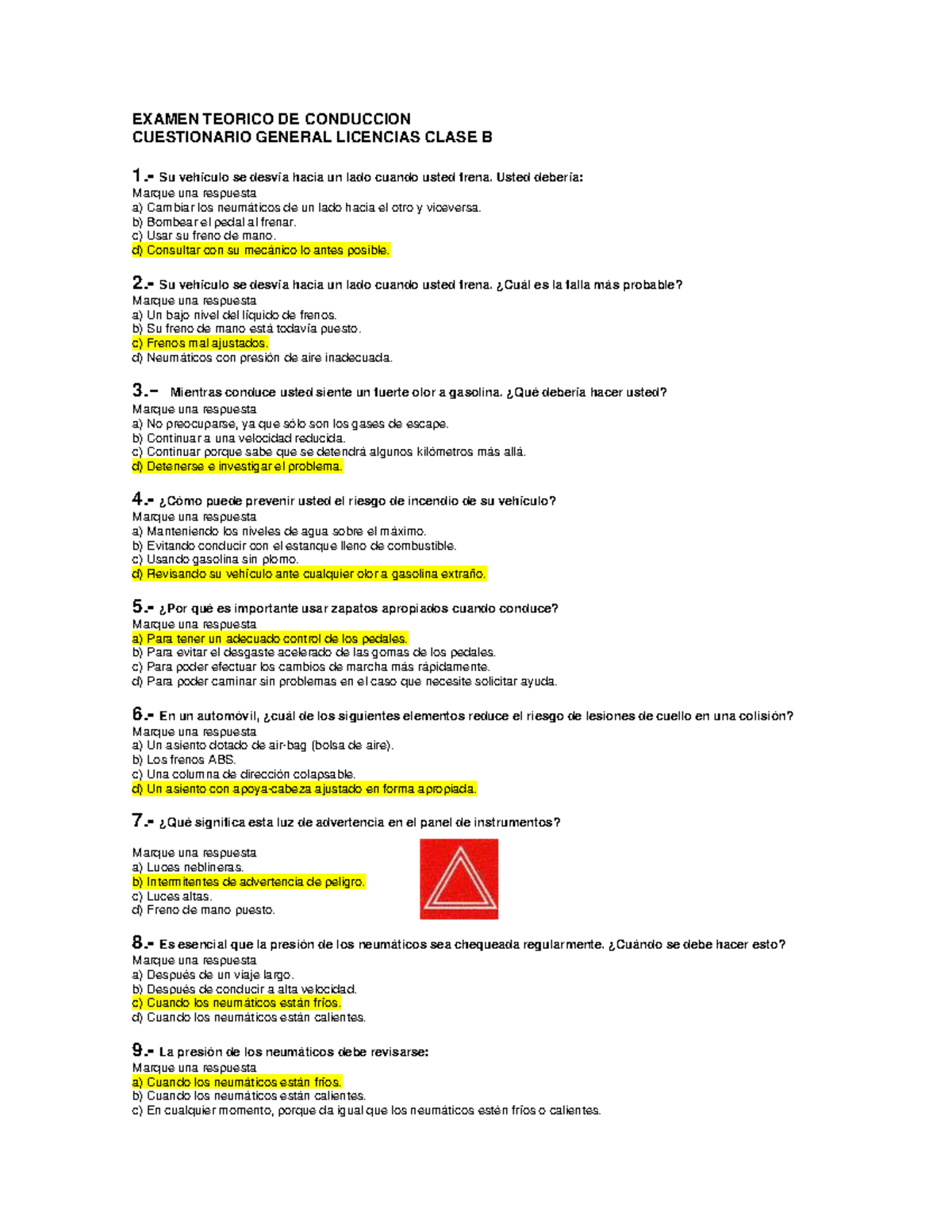 Examen Teórico Licencia Clase B - Preguntas y Respuestas - Studocu