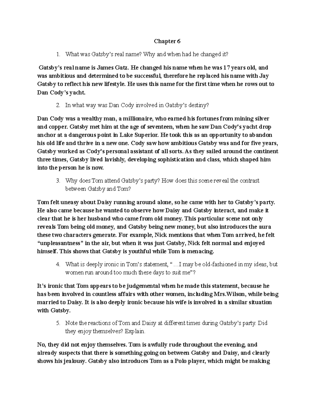 Gatsby Chapter 6 Analysis: Key Themes and Character Insights - Studocu