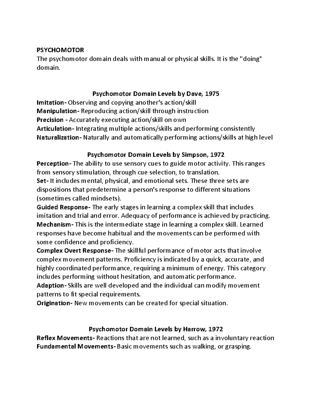 Psychomotor Domain Notes: Levels & Skills Overview (Psychology) - Studocu