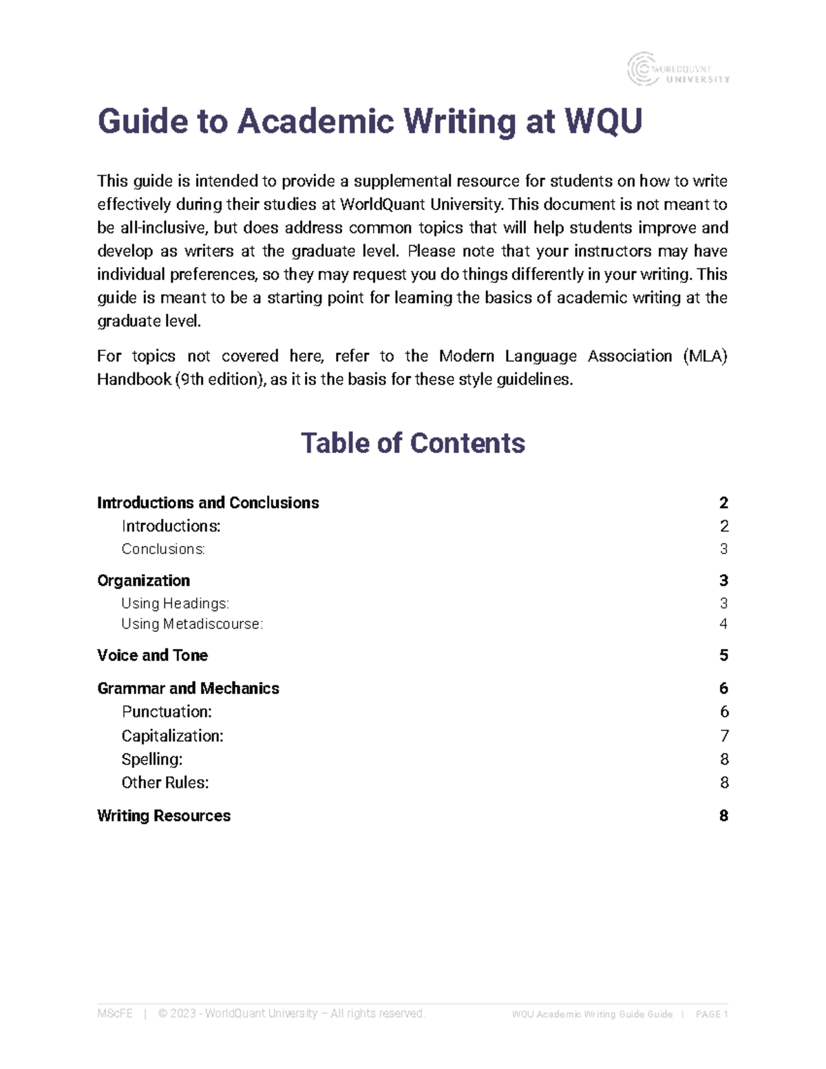 WQU MScFE Academic Writing Guide for Graduate Students - Studocu