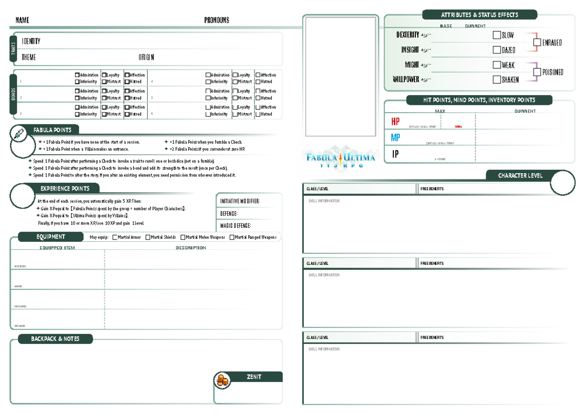 Fabula Ultima Character Sheet: Traits, Skills, and Equipment Guide ...